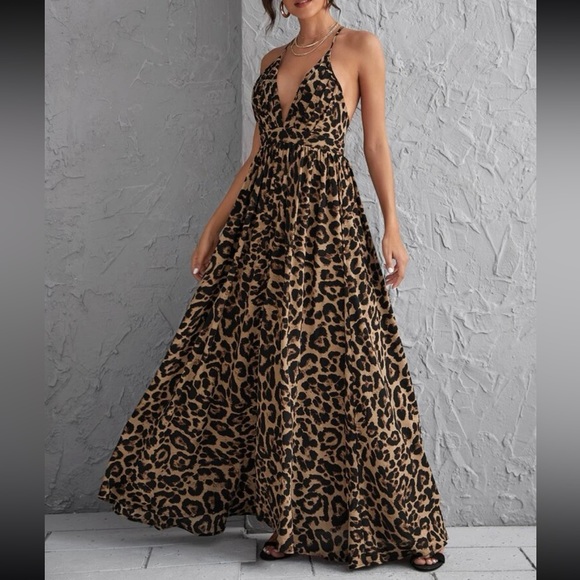 Dresses | Boho Criss Cross Backless Open Back Leopard Print Long Maxi ...